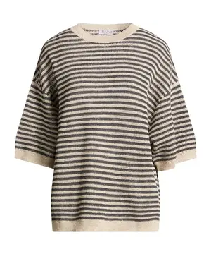 Brunello Cucinelli Striped Metallic Shortsleeve Knit Sweater - Grey