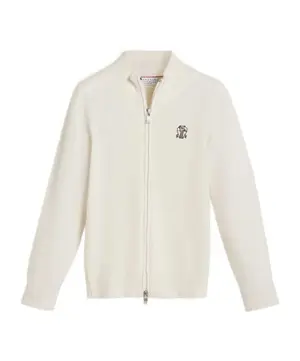 Brunello Cucinelli Embroidered-logo Zip-front Cardigan - White