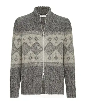 Brunello Cucinelli Virgin Wool, Silk And Cashmere Chiné Cable Knit Cardigan With Intarsia - Cerulean