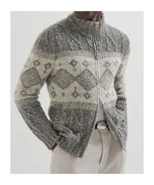 Brunello Cucinelli Virgin Wool, Silk And Cashmere Chiné Cable Knit Cardigan With Intarsia - Cerulean