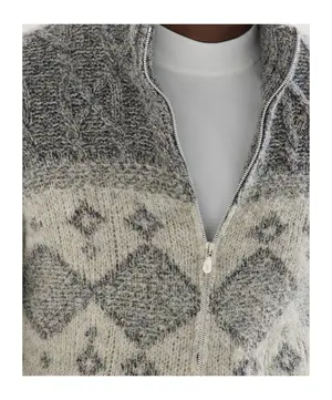 Brunello Cucinelli Virgin Wool, Silk And Cashmere Chiné Cable Knit Cardigan With Intarsia - Cerulean
