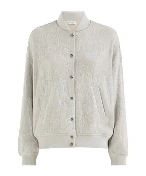 Brunello Cucinelli Lace Flowers Jersey Sweatshirt In Sparkling Virgin Wool And Cashmere With Monili - Light Gray