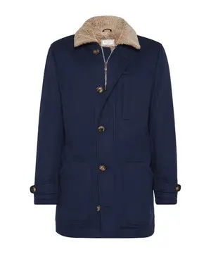 Brunello Cucinelli Cashmere And Vicu?a Coat With Shearling Lining - Navy Blue