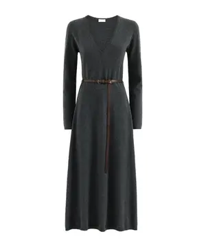 Brunello Cucinelli Cashmere Knit Dress With Belt And Monili - Lead