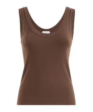 Brunello Cucinelli Stretch Cotton Ribbed Jersey Top With Monili - Brown