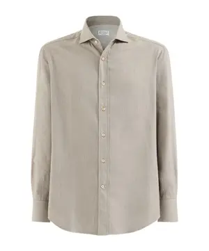 Brunello Cucinelli Stretch Cotton Chevron Flannel Shirt With Spread Collar Stone Gray