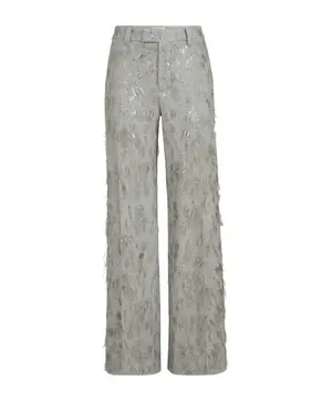 Brunello Cucinelli Virgin Wool And Cashmere Twill Flannel Loose Flared Trousers With Dazzling Lynx Embroidery - Grey