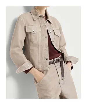 Brunello Cucinelli Beige Lamé Denim Four-pocket Outerwear Jacket With Monili