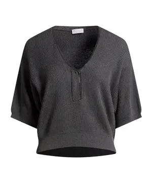 Brunello Cucinelli Lightgrey Vneck Shortsleeve Knit Sweater - Grey