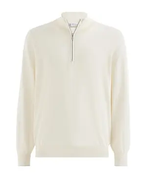 Brunello Cucinelli Sea Island Cotton And Cashmere Lightweight Sweater With Half Zip - Panama