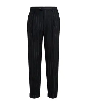 Brunello Cucinelli Super 150s Virgin Wool Wide Chalk Stripe Batavia Trousers With Pleat - Black
