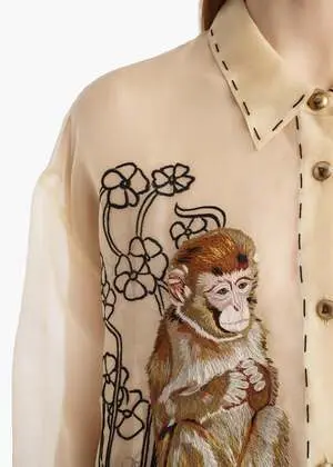 Khaite Goya Silk Organza Monkey Embroidery Top - Champagne
