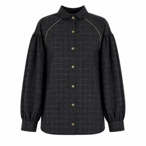 SVETLANA K Clara Blouse Cotton Flannel Checked In Charcoal