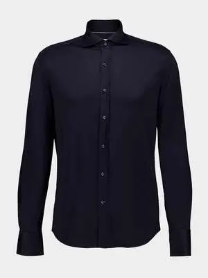 Brunello Cucinelli Dark Silk-cotton Spread Collar Shirt - Blue