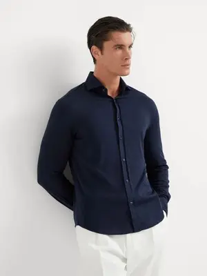 Brunello Cucinelli Dark Silk-cotton Spread Collar Shirt - Blue