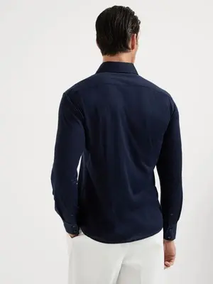 Brunello Cucinelli Dark Silk-cotton Spread Collar Shirt - Blue