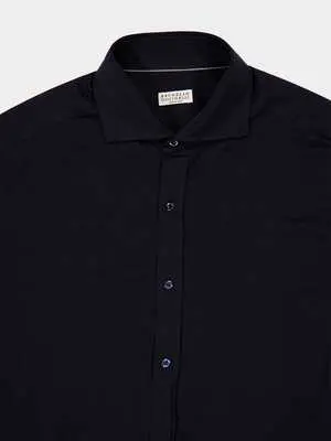 Brunello Cucinelli Dark Silk-cotton Spread Collar Shirt - Blue