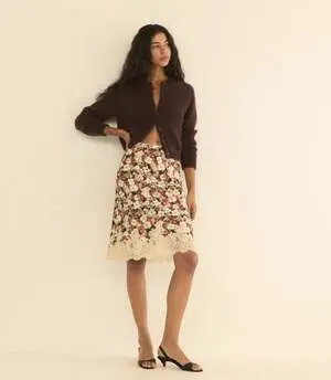 DÔEN DOEN Elowette Silk Satin Floral Lace Midi Skirt Wildflower Bramble