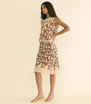 DÔEN Elowette Silk Satin Floral Lace Midi Skirt - Wildflower Bramble