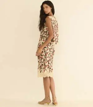 DÔEN Elowette Silk Satin Floral Lace Midi Skirt - Wildflower Bramble