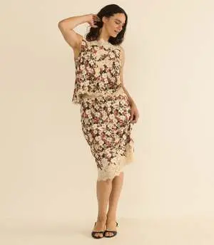 DÔEN Elowette Silk Satin Floral Lace Midi Skirt - Wildflower Bramble