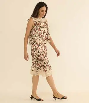 DÔEN Elowette Silk Satin Floral Lace Midi Skirt - Wildflower Bramble