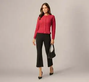 Adrianna Papell Long Sleeve Textured Ruffle Hem Cardigan Sweater - Garnet