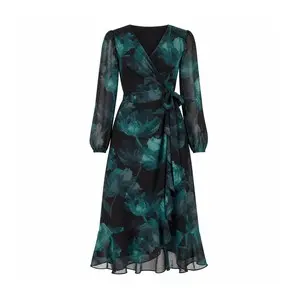 YUMI Floral Dipped Hem Wrap Midi Dress