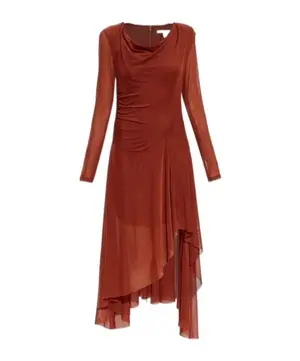 ALLSAINTS Draped Mesh Long Sleeve Midi Dress - Rust Brown