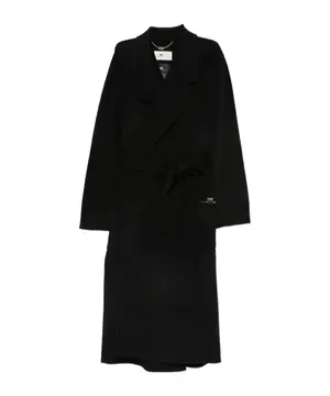 Elisabetta Franchi Coat With Logo Plaque And Tie-waist - Black