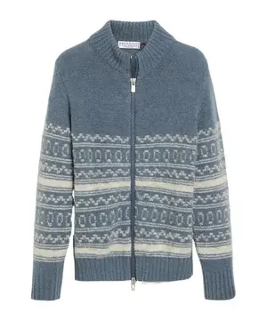 Brunello Cucinelli Alpaca, Cashmere And Wool Nordic Jacquard Cardigan With Zip - Blue