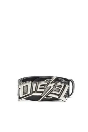 DIESEL® 4cm Leather Belt With Lightning Bolt Buckle - Black