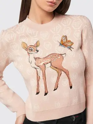 Philipp Plein Cropped Wool Blend Sweater With Monogram And Fauna Print