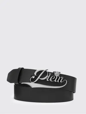 Philipp Plein Calfskin Leather Belt With Metallic Logo Plaque - Black