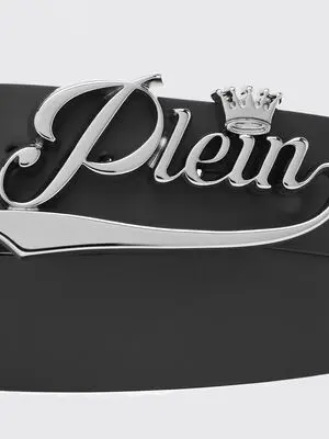 Philipp Plein Calfskin Leather Belt With Metallic Logo Plaque