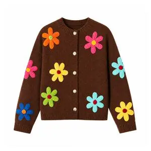 YUMI Knitted Flower Applique Cardigan - Brown