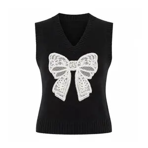 YUMI Lace Bow Knitted Pullover - Black
