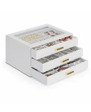YIGII Leather Jewelry Organizer With Clear Lid And Two Drawers - White