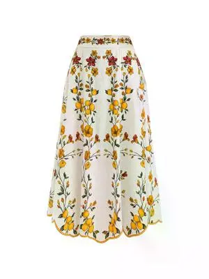 Farm Rio Lemon Bouquet Scalloped-hem Midi Skirt - Neutrals