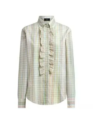 Etro Cotton Shirt With Bib And Check Motif - Neutrals