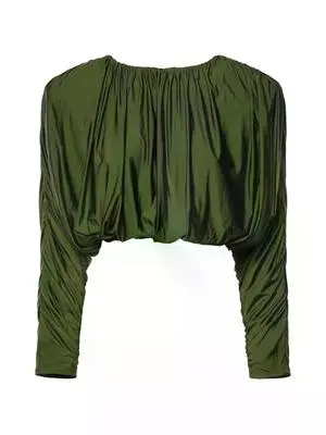 SELF-PORTRAIT Ruched-detail Cropped Sweater - Green