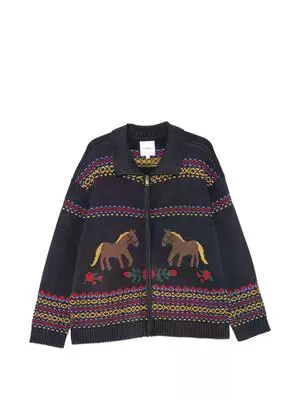 FOUND Isles Horse-intarsia Zip-up Cardigan - Blue