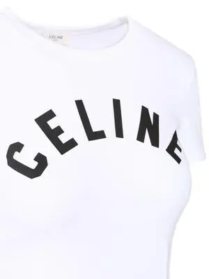 Celine Ribbed Cotton T-shirt With Raised Brand Print - White
