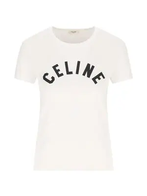 Celine Ribbed Cotton T-shirt With Raised Brand Print - White