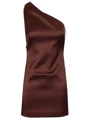 SELF-PORTRAIT Satin Mini Dress With Asymmetrical Neckline - Brown