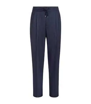 Brunello Cucinelli Virgin Wool Pleated Drawstring Trousers - Blue