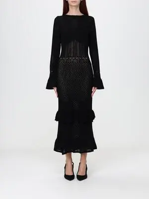 TWINSET Openwork Knit Midi Sheath Dress With Long Sleeves And Ruffles