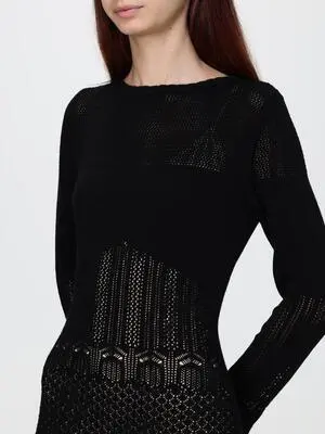 TWINSET Openwork Knit Midi Sheath Dress With Long Sleeves And Ruffles