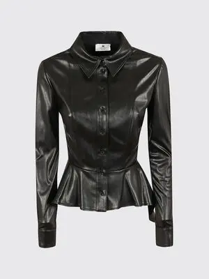 Elisabetta Franchi Faux Leather Shirt Jacket With Ruffled Hem