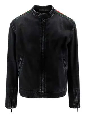 Gucci Certified Washed Cotton Denim Jacket With Engraved Zip Puller, Web-trim Sleeves